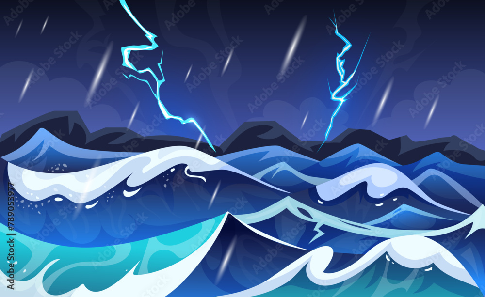 Image vectorielle Stock Lightning strike. Sea landscape. Ocean waves ...