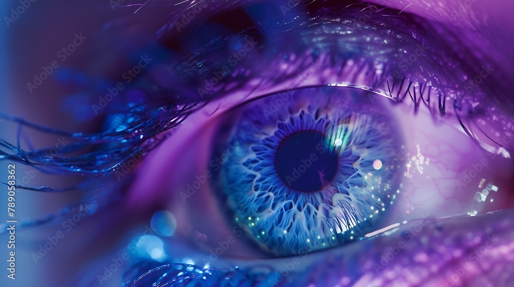 Macro photo of colored purple human eye texture background extreme blue eye macro shot Toned eye ...
