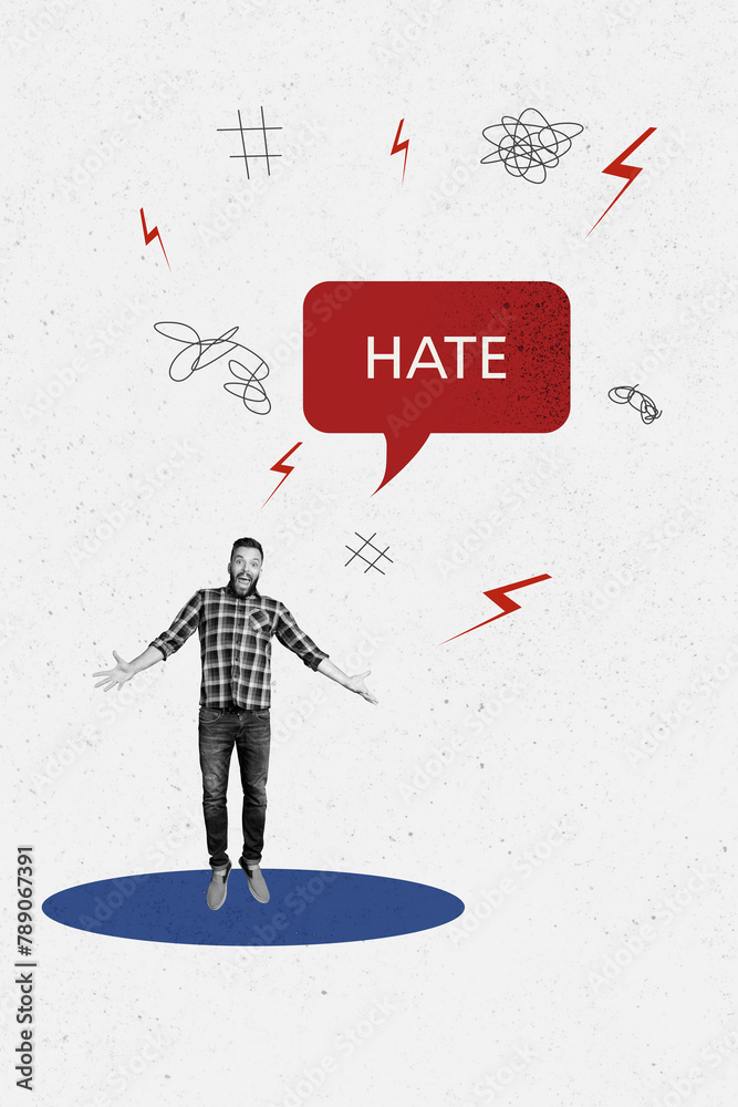 Vertical photo collage of scared guy jump hate bullying shame dislike ...