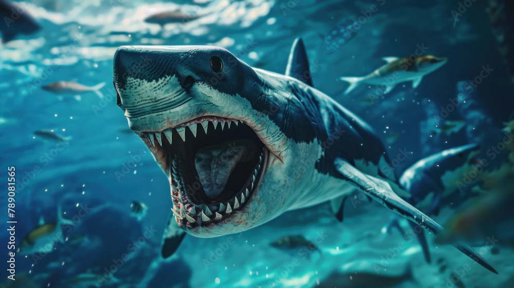 angry great white shark, mouth open showing teeth in the ocean. fish ...