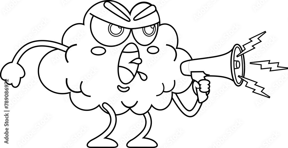 Outlined Angry Brain Cartoon Character Screaming Into Megaphone. Vector ...