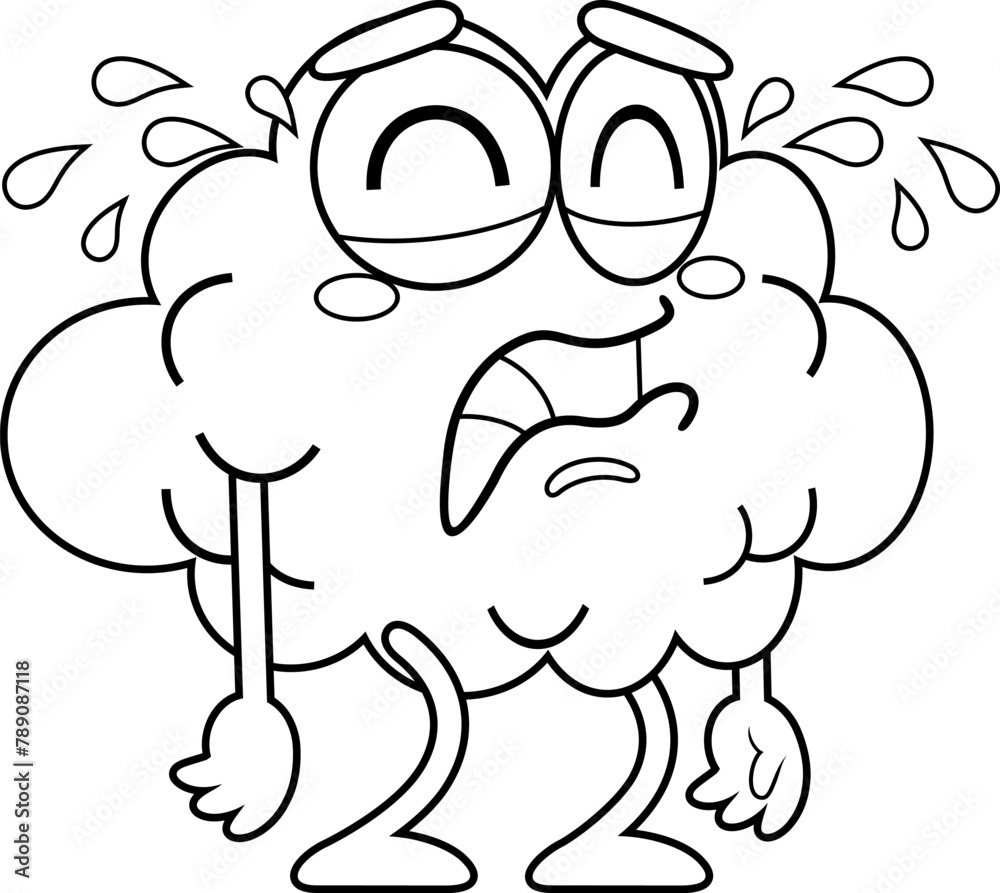 Outlined Sad Brain Cartoon Character Crying With Tears. Vector Hand ...