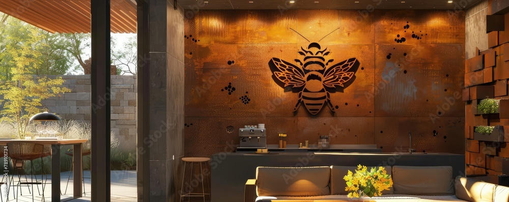 Detail of the corten wall with laser cut of iron bee , bees concept ...