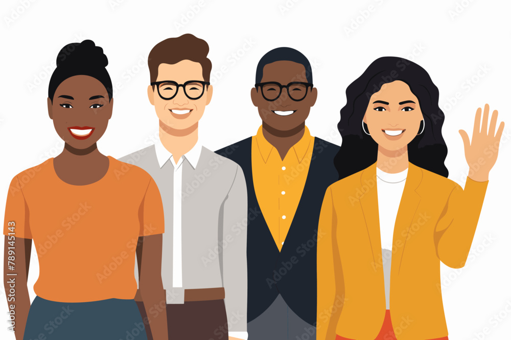 Group of happy people standing together, waving and inviting new ...