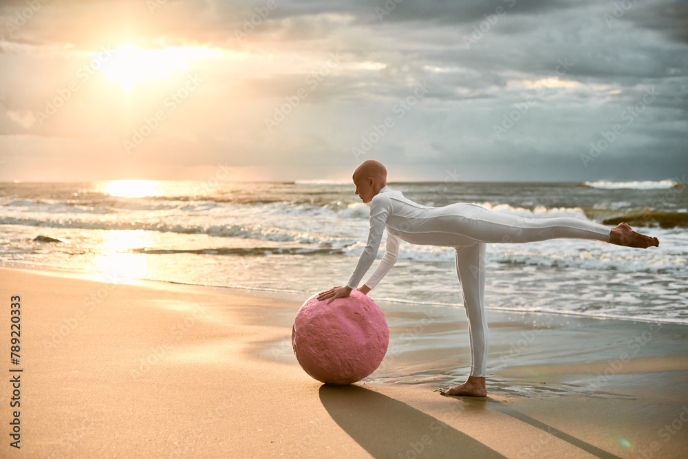 Hairless ballerina with alopecia in white futuristic suit dancing with ...