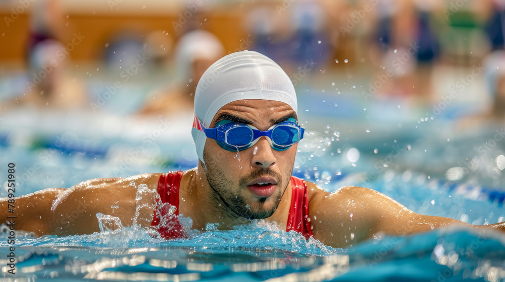 Professional swimmer swimming inside swimmingpool at olympic event with ...
