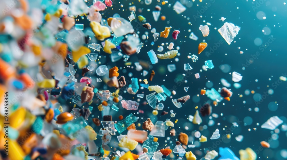 Background with microplastic particles floating in ocean or sea water ...