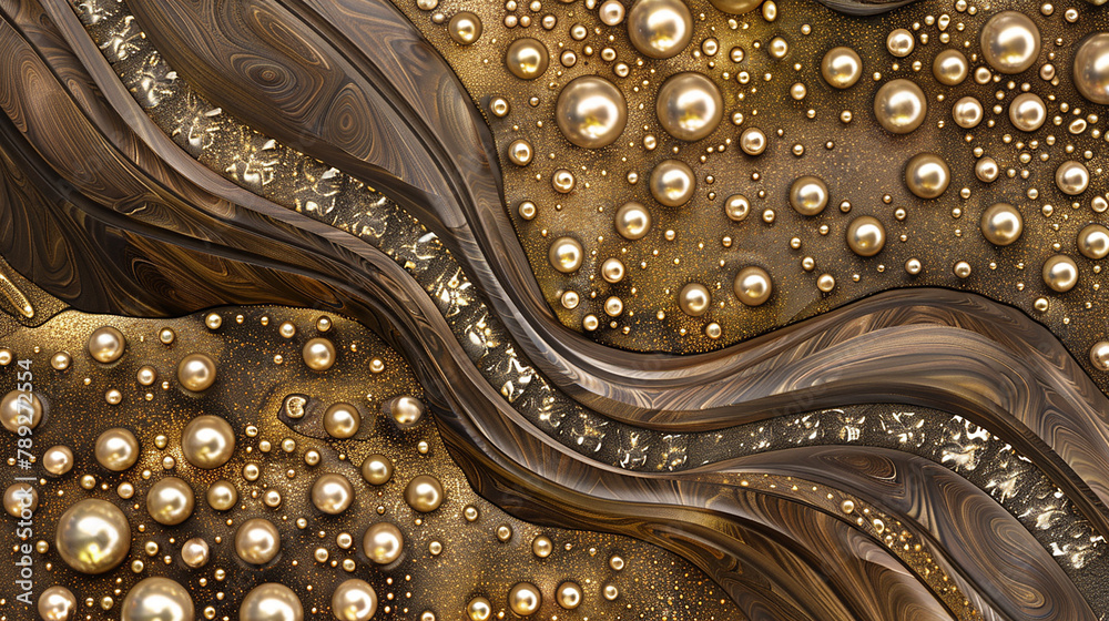 This portrayal showcases of intricate gold and pearl inlays on a smooth ...