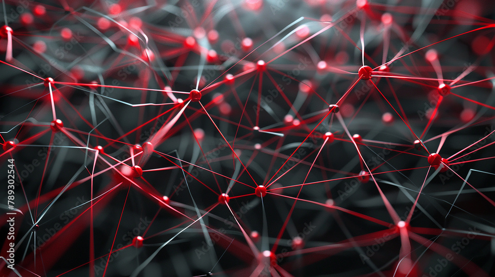 This portrayal showcases interconnected red and black lines and dots ...