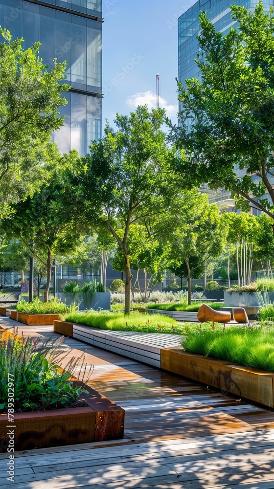 Modern sustainable urban park featuring lush trees, wooden benches, and ...