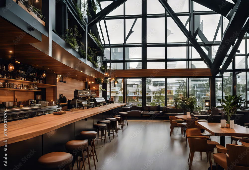Bar Cafe Accents Modern Wood Architecture Coffee Windows interior room ...