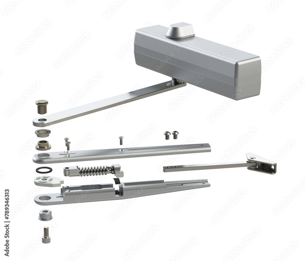 Hydraulic door stoper in exploded view isolated on white background ...