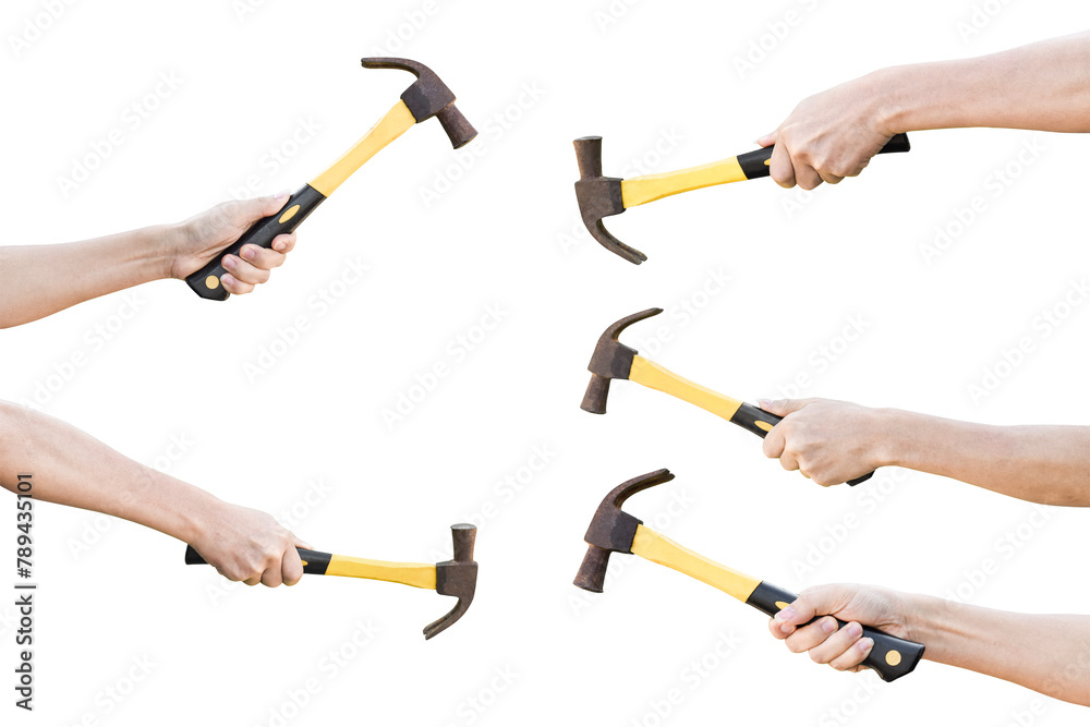 Collection of hand holding old rusty hammer isolated on transparent ...