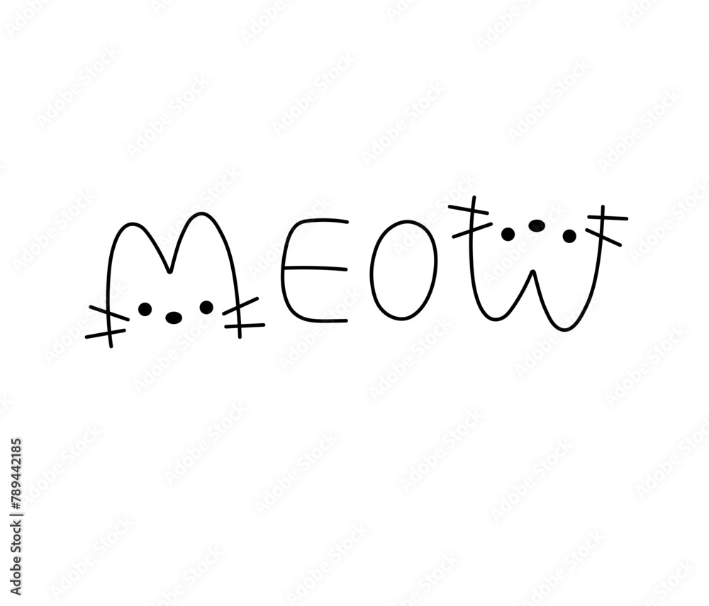 Vector isolated MEOW word lettering with cats colorless black and white ...