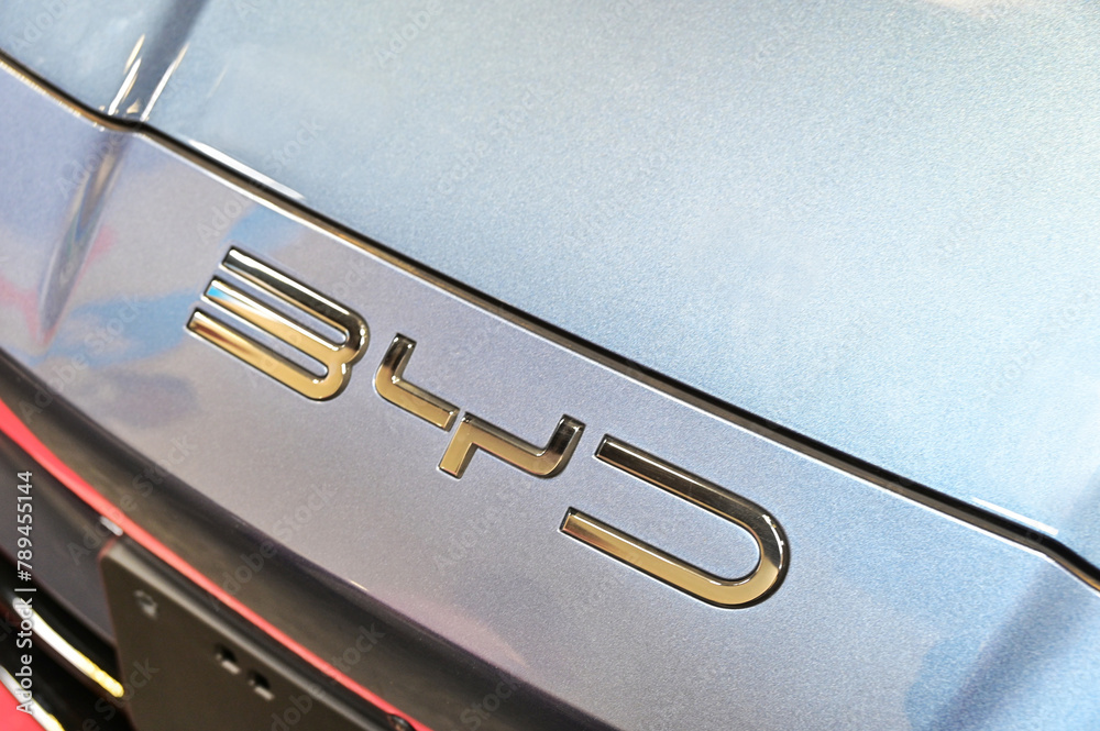 BYD full electric car logo on display at motorshow Turin Italy April 19 ...