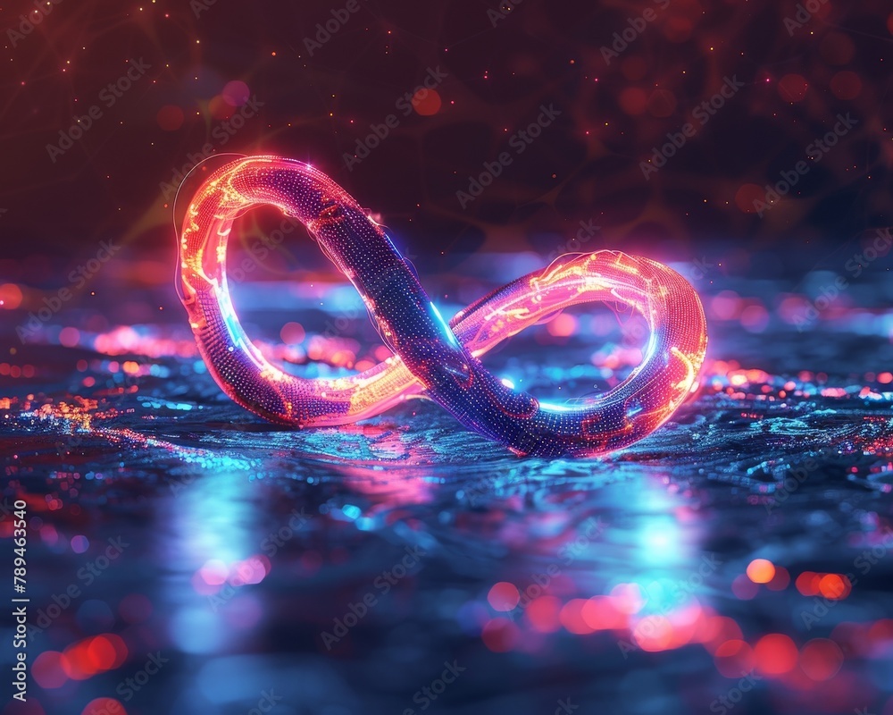Energetic neon symbol, looping endlessly in a digital void, surrounded ...