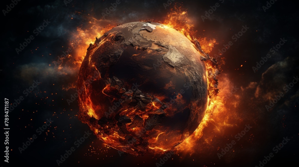 Fiery demise of a carbonized Earth globe, crumbling to ashes on glowing ...
