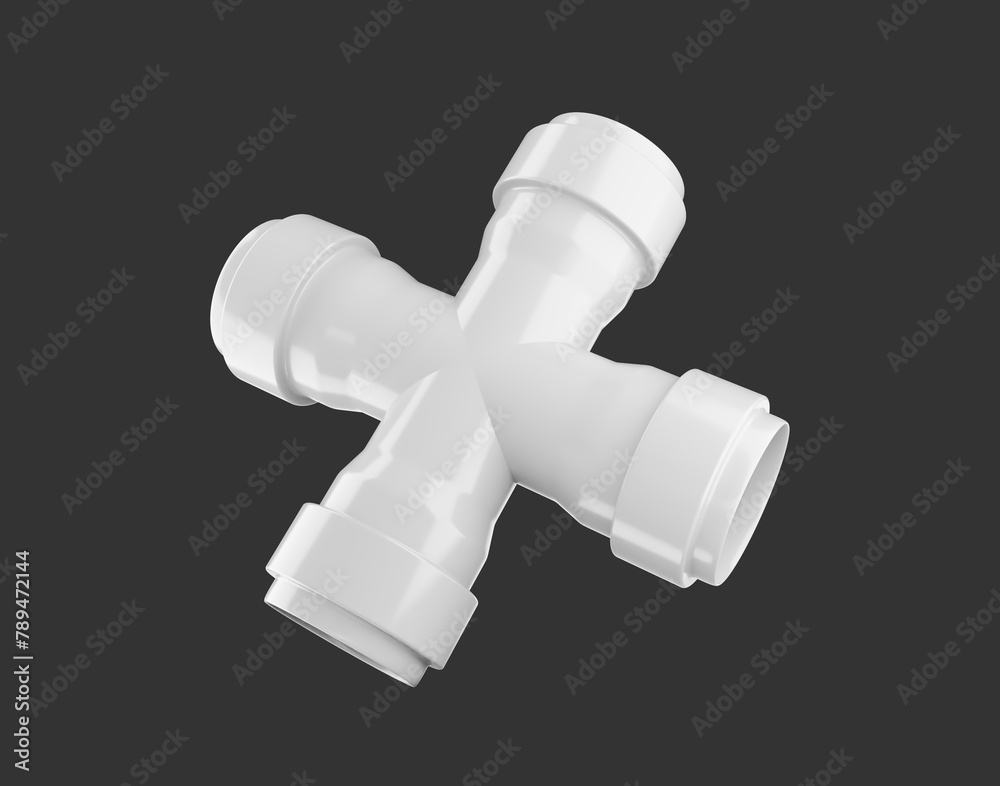 3D White PVC Four-Way Pipe Connector Making Plus Sign Shape On Black ...