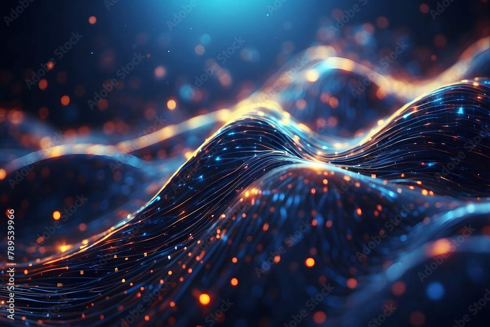 Abstract blue digital particles, lines and dots connection wave flow, Digital data network ...