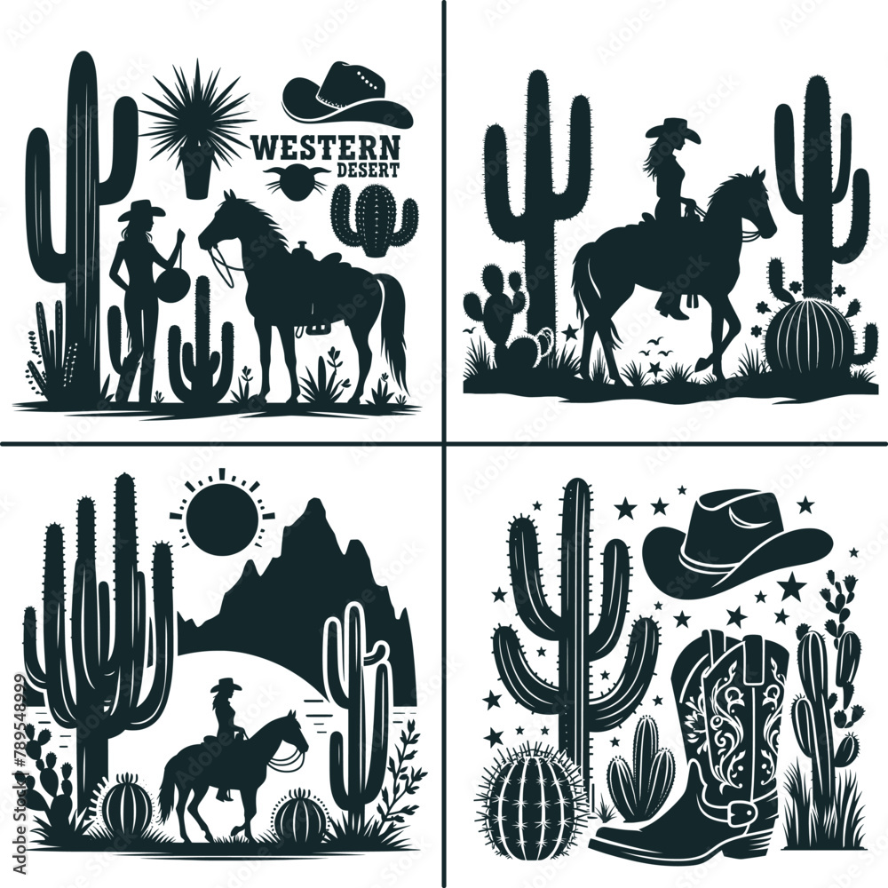 Western Desert Cactus Vector , Cowboy and Cowgirl Vector , Horse Vector ...
