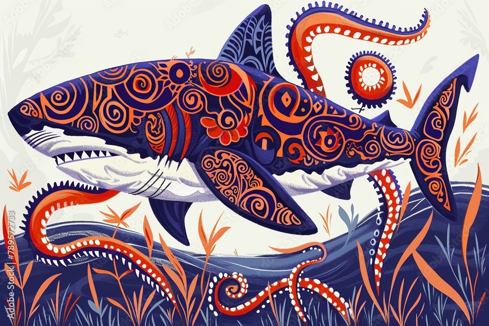 A shark with the tentacles of an octopus glides through the water, its ...