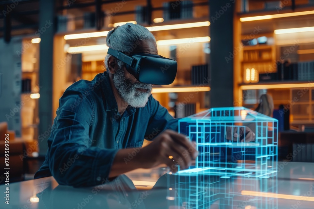 A focused architect wears VR glasses to visualize and interact with a ...