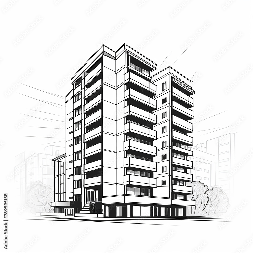 Sleek apartment building vector, side profile, minimalist shading ...