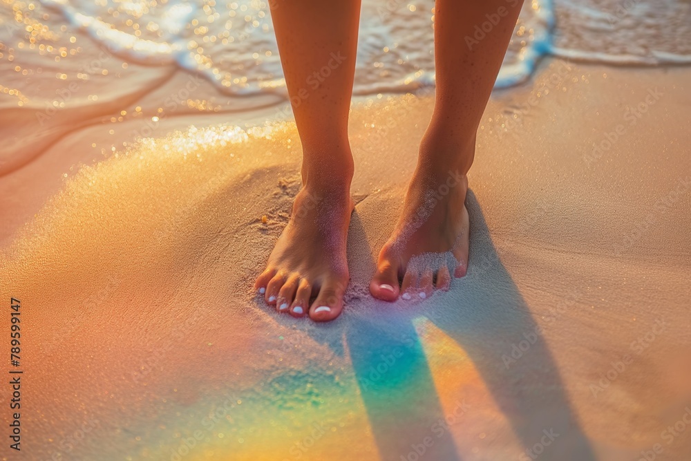 Women's bare feet on the sand, the grains of sand shine colorfully in ...