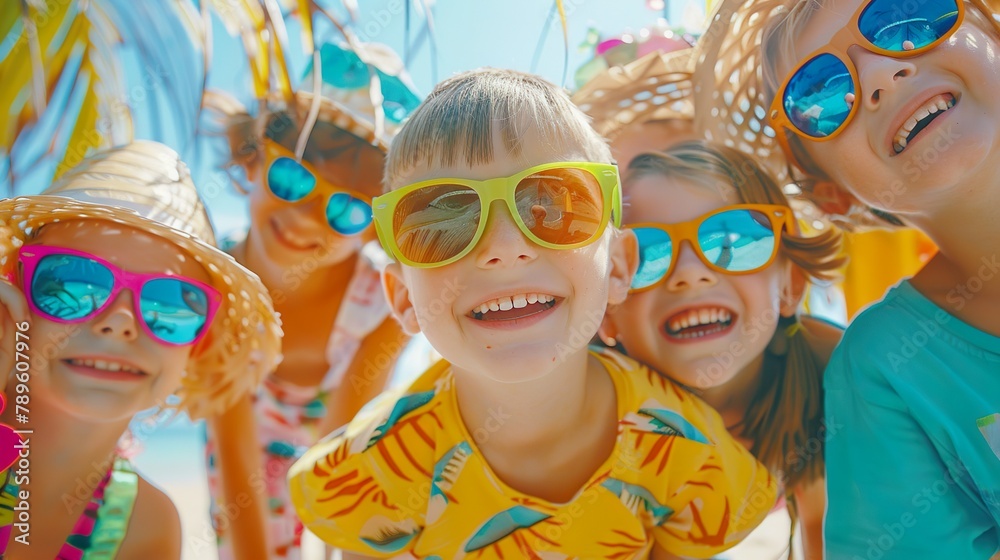 Kids, boys, and girls, 6 years old, attending a summer party on the ...