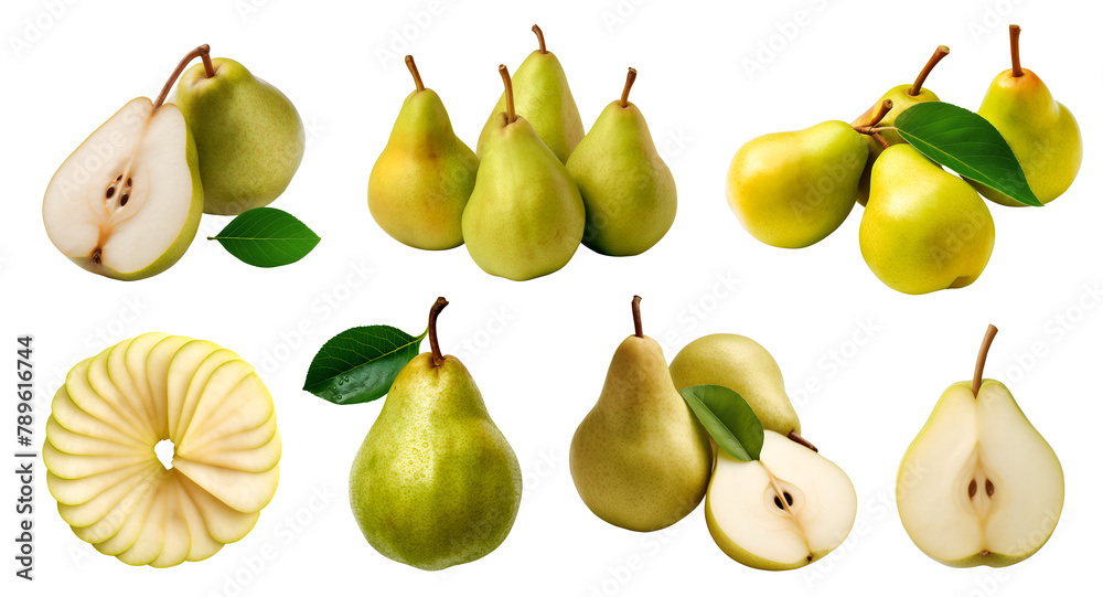Pear pears fruit, many angles and view side top front group sliced ...