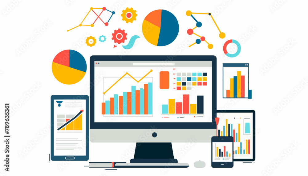 Concept with laptop computer, charts diagrams, graphs and place for ...