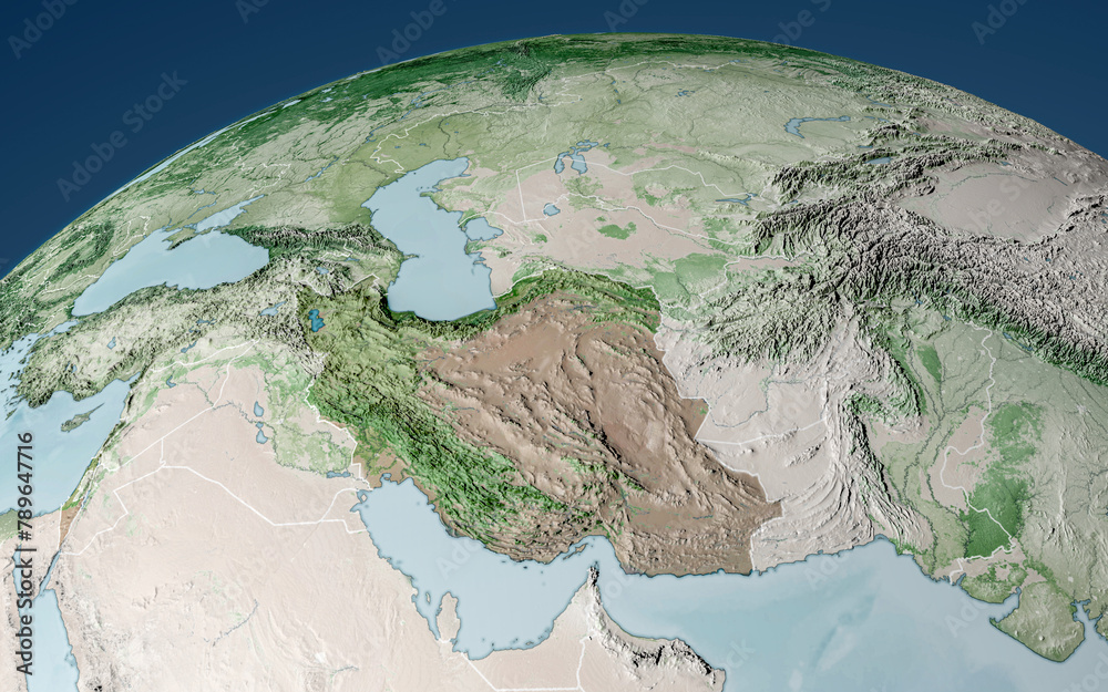 Illustration Stock Satellite view of Iran map and borders, physical map ...