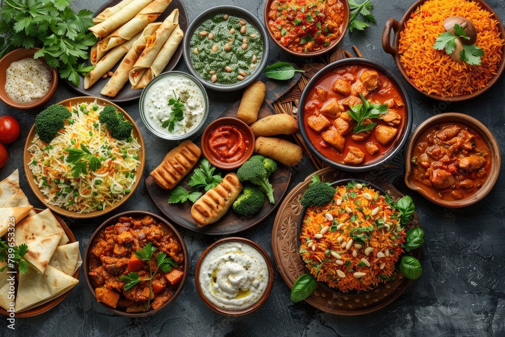 Desi, Indian traditional food set, top view. pizza, hummus, biryani ...