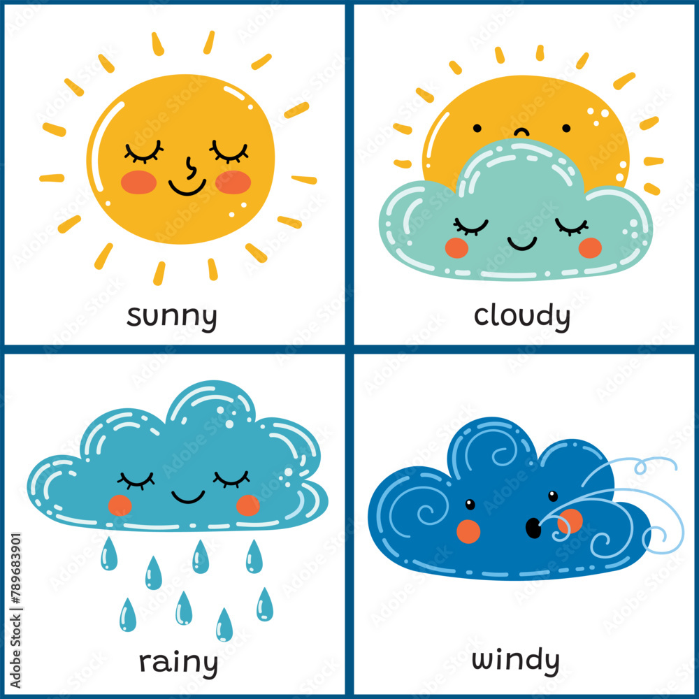 Cute weather characters set for kids. Sunny, cloudy, rainy and windy ...