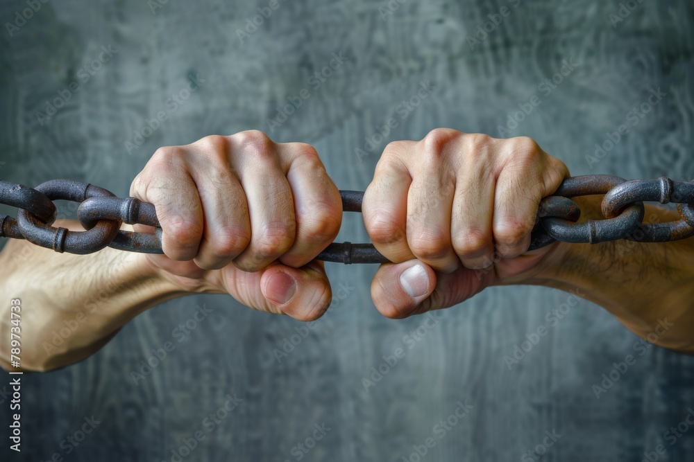 Two muscular hands tightly gripping a heavy metal chain, showcasing ...