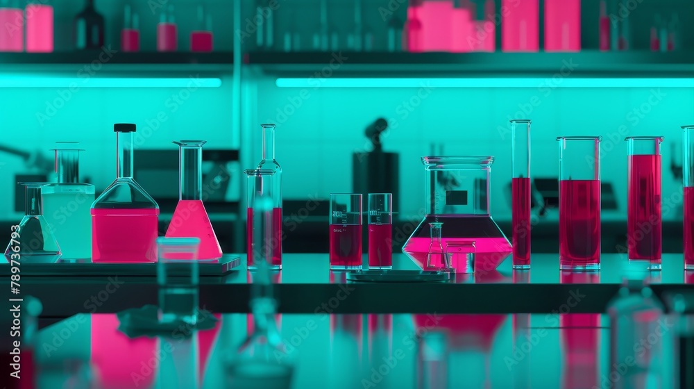 Showcases a laboratory bench cluttered with various chemicals and ...