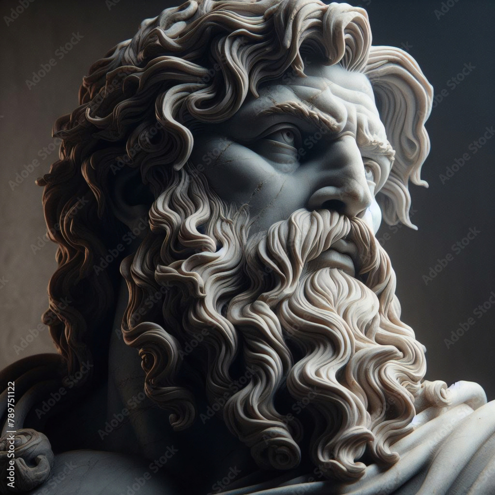 Handsome marble statue of powerful greek god Zeus over dark background ...