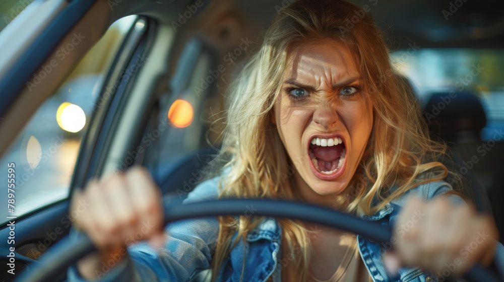 Foto de Stock Portrait of an aggressive woman behind the wheel shouting ...
