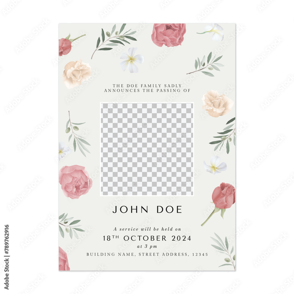 Floral funeral invitation template, colorful flowers and leaves on ...