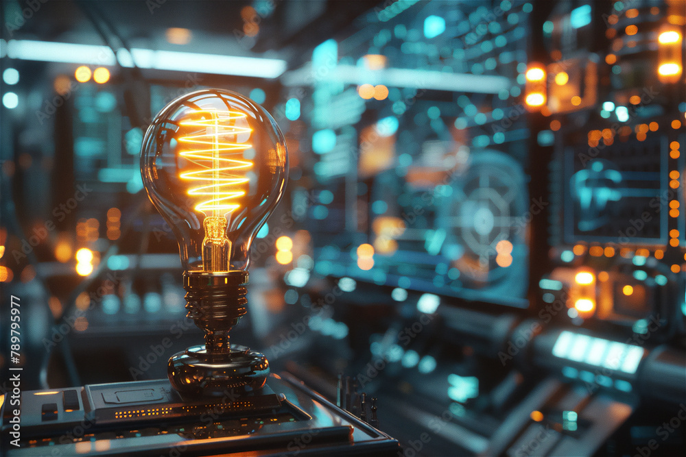 Pan idea bulb amidst a modern, futuristic setting, surrounded by sleek ...