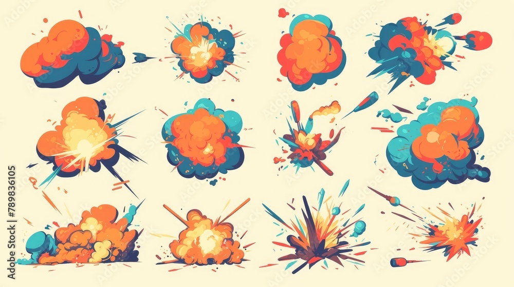 2d icons portraying cartoon doodle bomb explosions comic clouds smoke ...