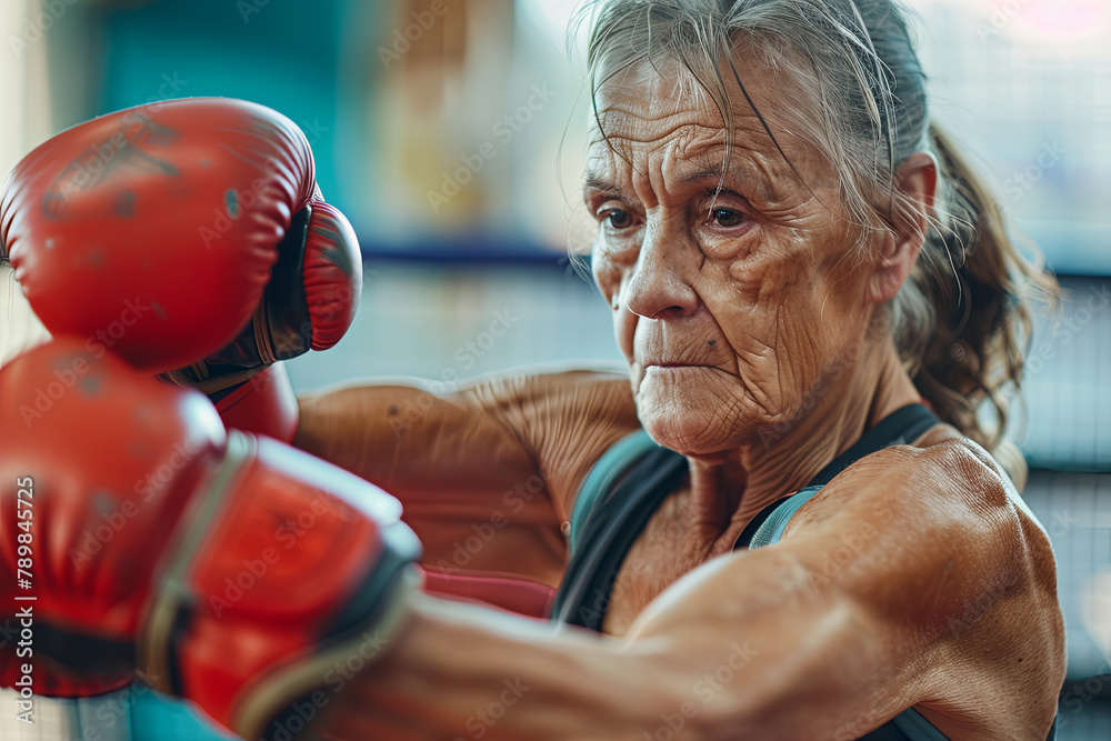 Aged female demonstrating power and endurance as a boxer, challenging ...