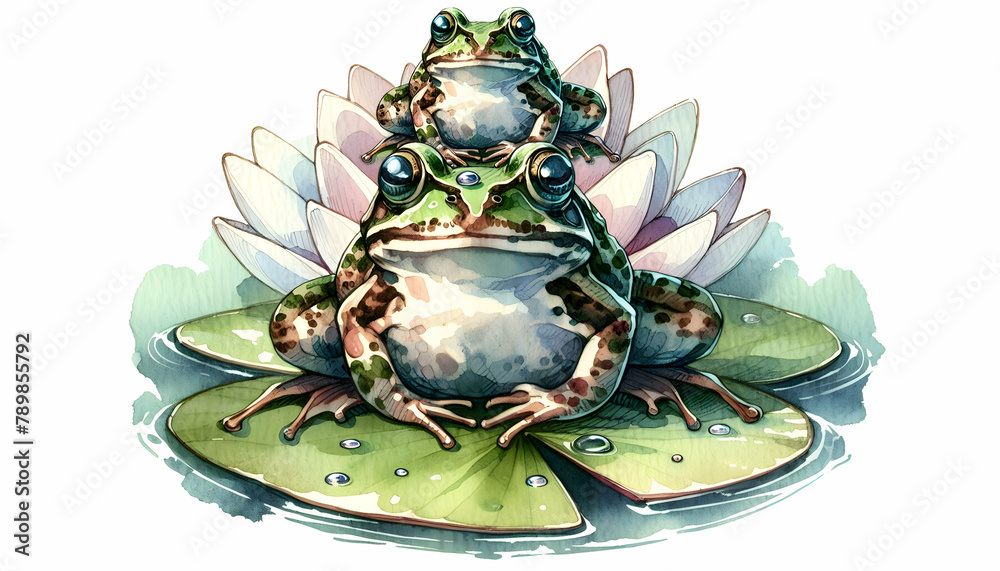 Watercolor Hand Drawing Amphibian Aura: A Frog Sits on a Lily Pad with ...