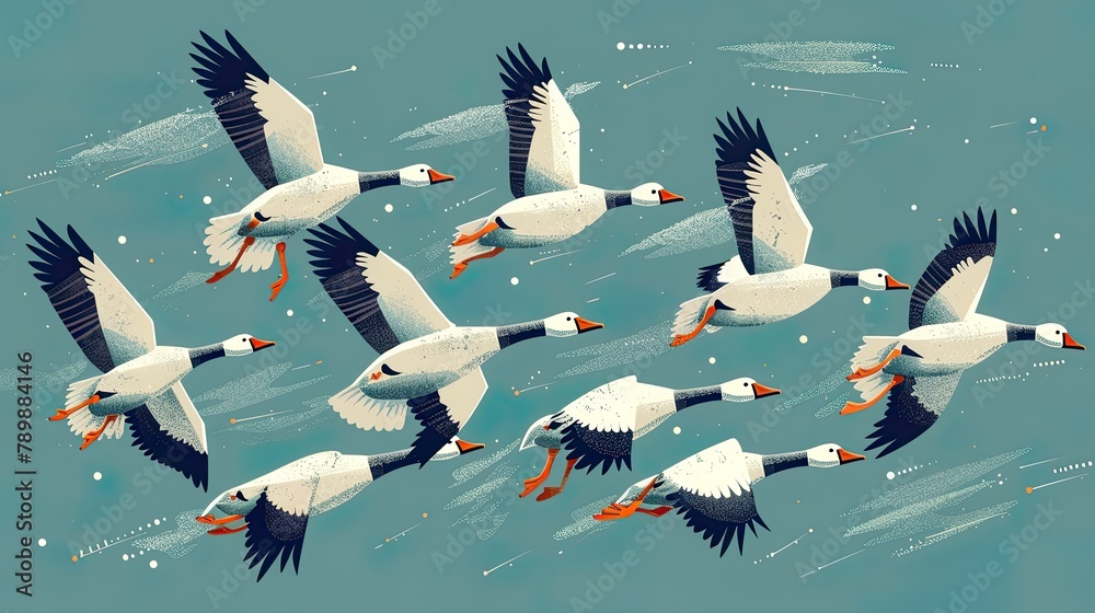 The artwork captures a group of geese in mid-flight, illustrated ...