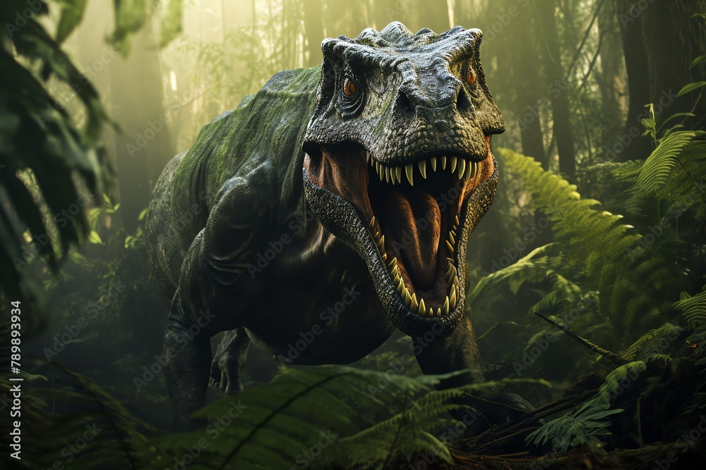 Allosaurus stalking through a dense Jurassic forest, its fierce eyes ...