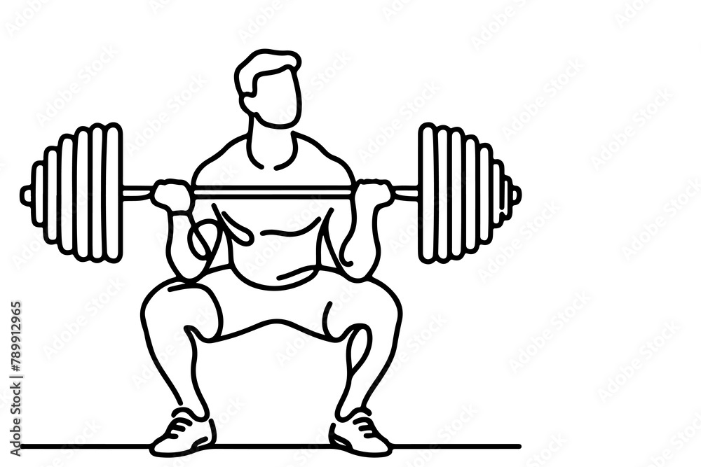 One continuous black line drawing of man lifting barbel with a heavy ...