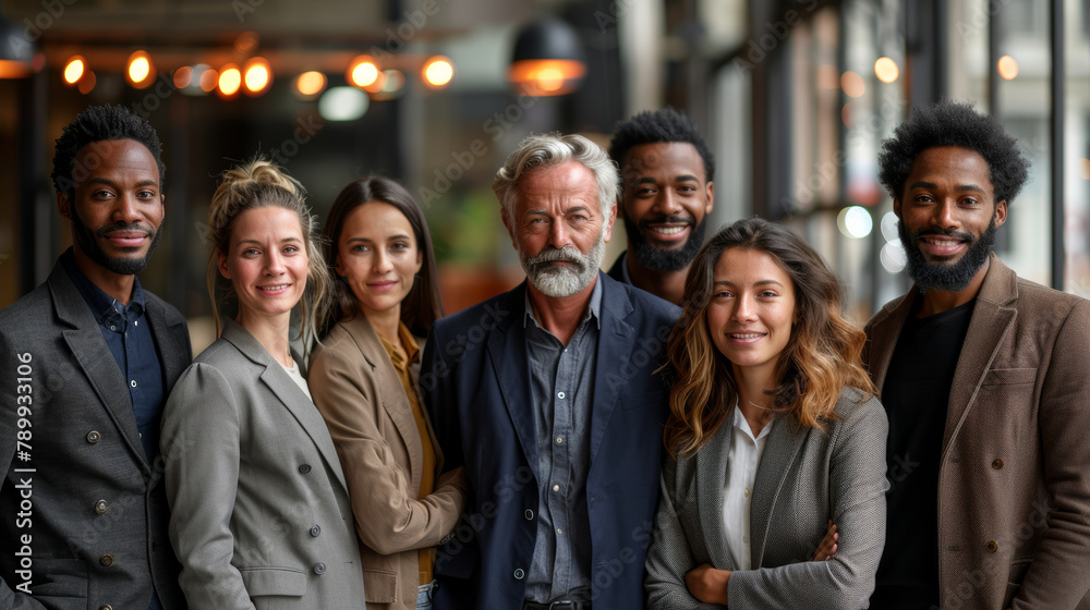 Group of seven diverse business professionals confidently pose in a ...