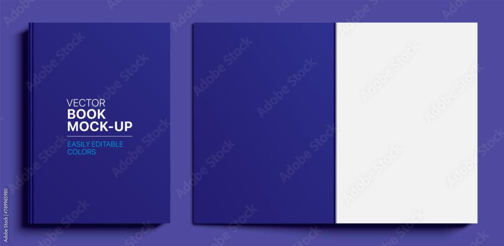 Blue book cover and title page realistic vector mockup. Closed and ...