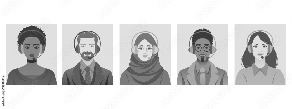 Call center support avatars icon set. Male and female call center ...