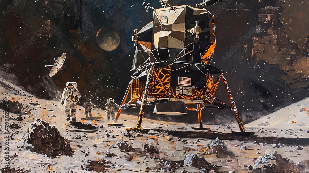 Capture a realistic oil painting of the moon landing at eye-level angle ...
